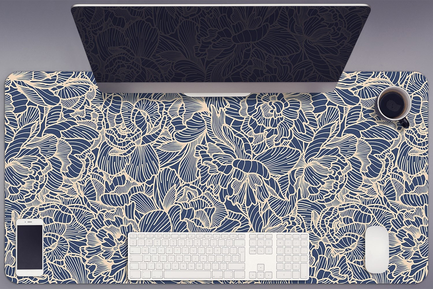 Blue Flower, Navy Blue, Desk Pad, Vinyl Mat, Desk Mat, Gaming Mouse Pad ...