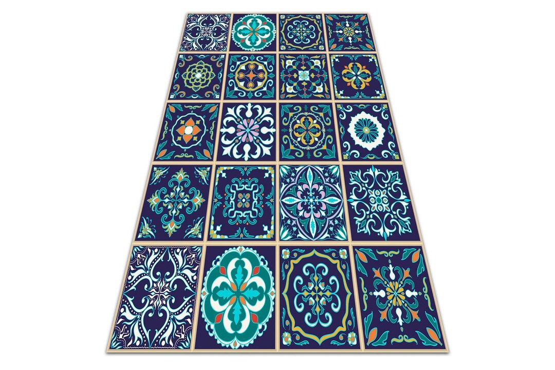 Futuristic Tiles, Blue, Vinyl Floor Mat, Living Room Mat, Area Rug ...