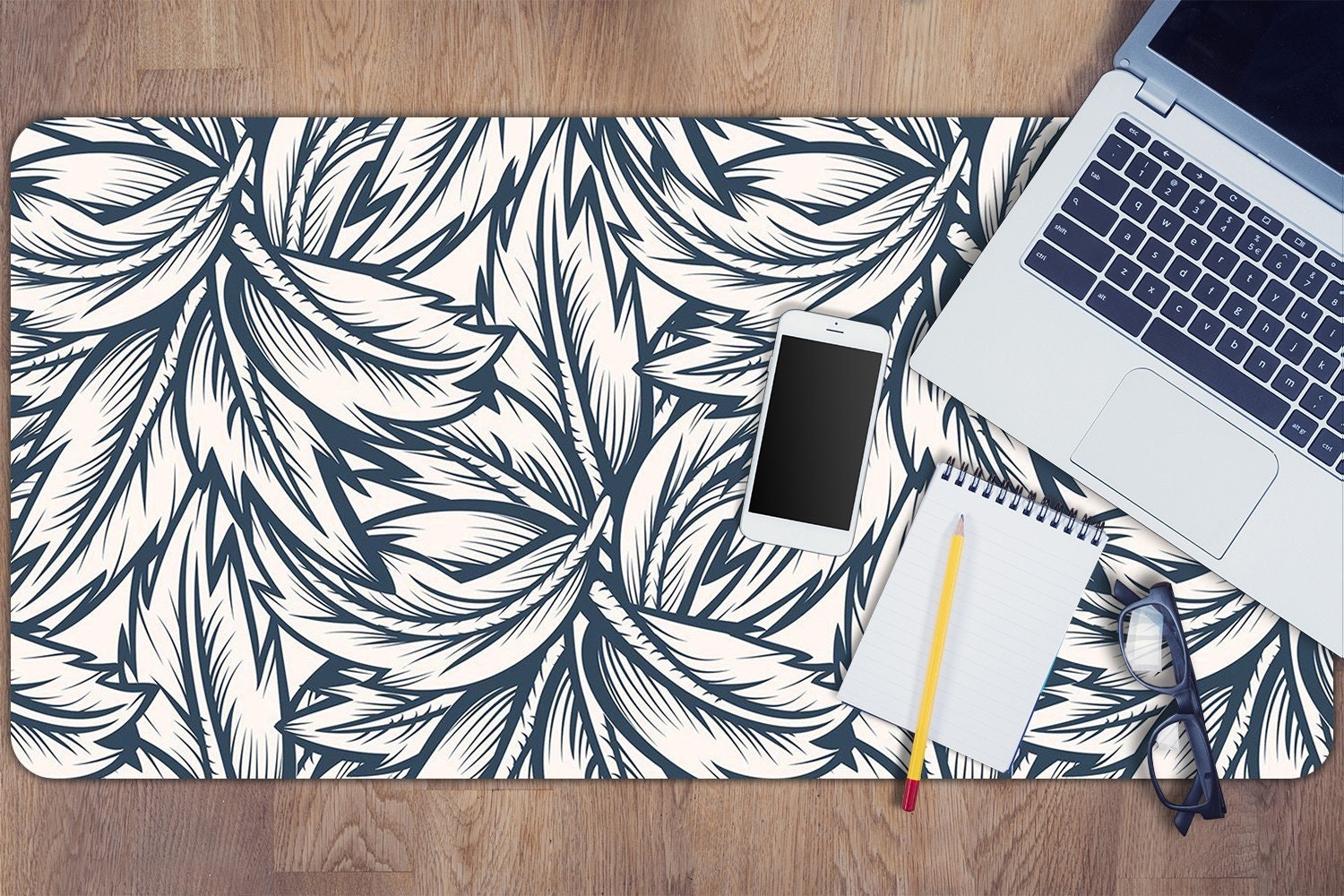 Drawn Leaves, Gray, Desk Pad, Gaming Desk Mat XXL, Decorative Mat ...