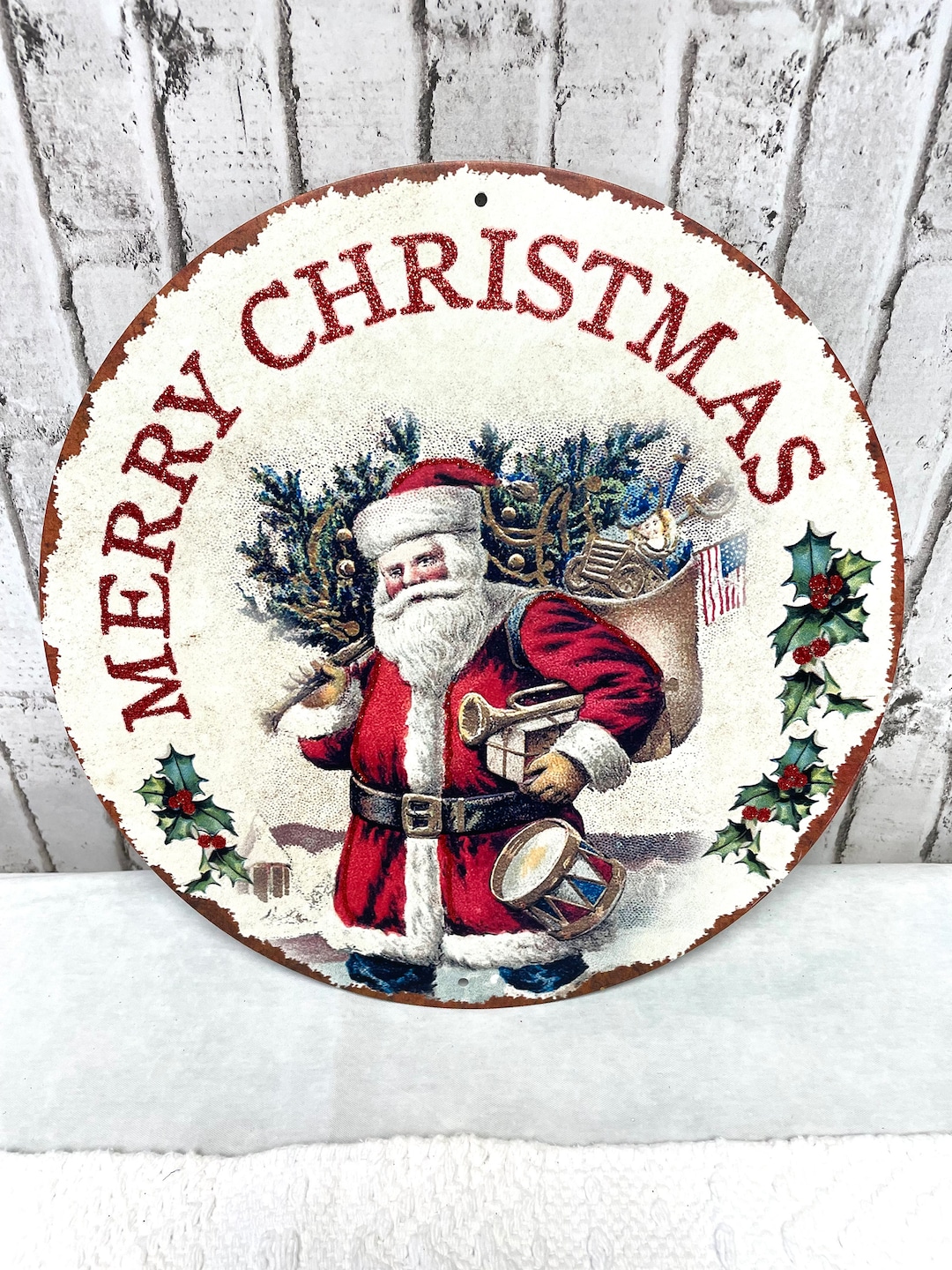 Vintage Santa Metal Christmas Sign, Vintage Santa Wreath Sign, MD0741 ...