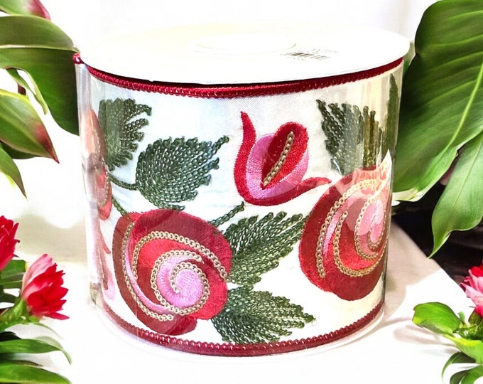 4” Embroidered Rose Ribbon, 4471789, 10 Yards, Raz Imports, Designer ...