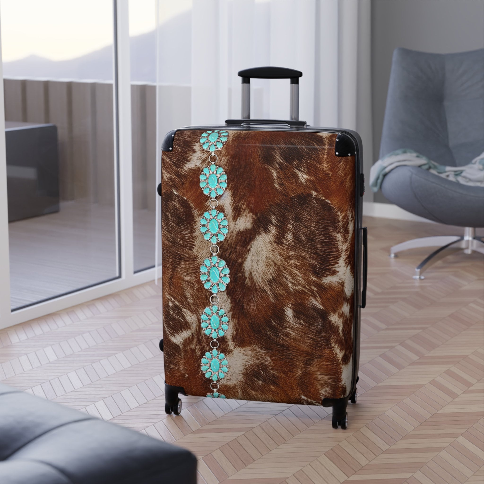 Western Suitcase Hair-On Cowhide Turquoise