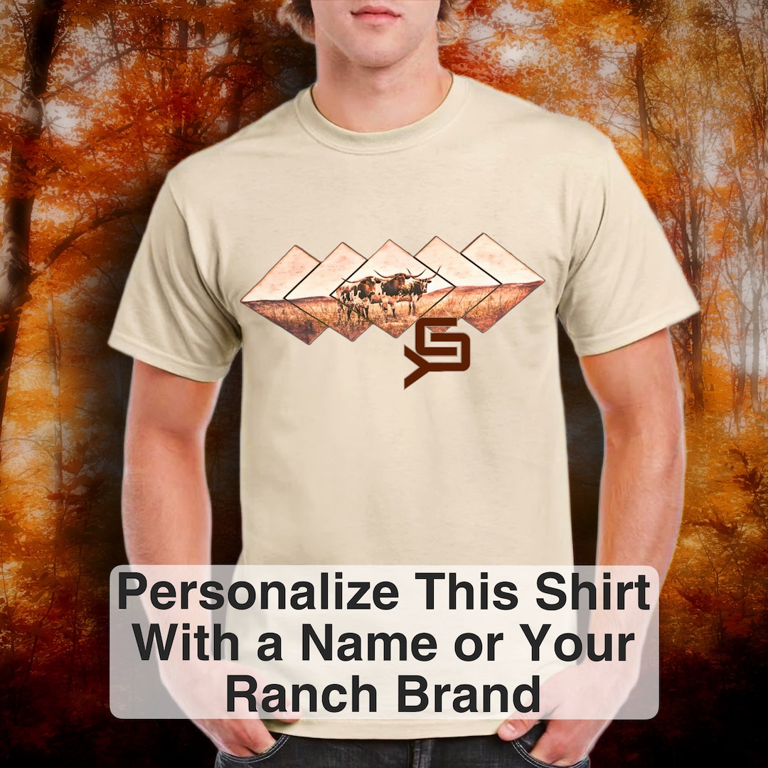 Personalized Western Tshirt With a Trio of Longhorn Cattle in a Rustic ...