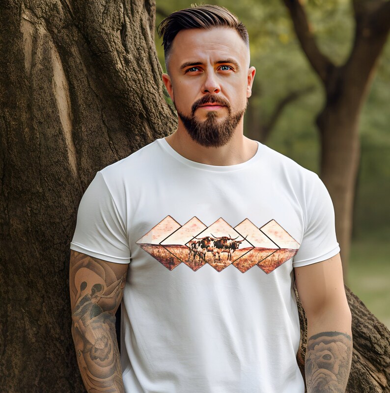 Personalized Western Tshirt with a trio of Longhorn cattle in a rustic ...