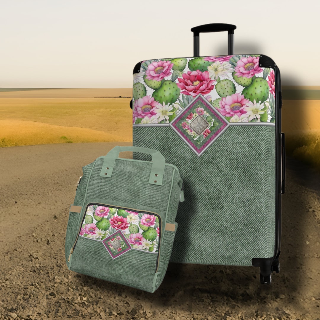PERSONALIZED Western Suitcase - S/M/L - Cactus Flower & Sage Denim ...