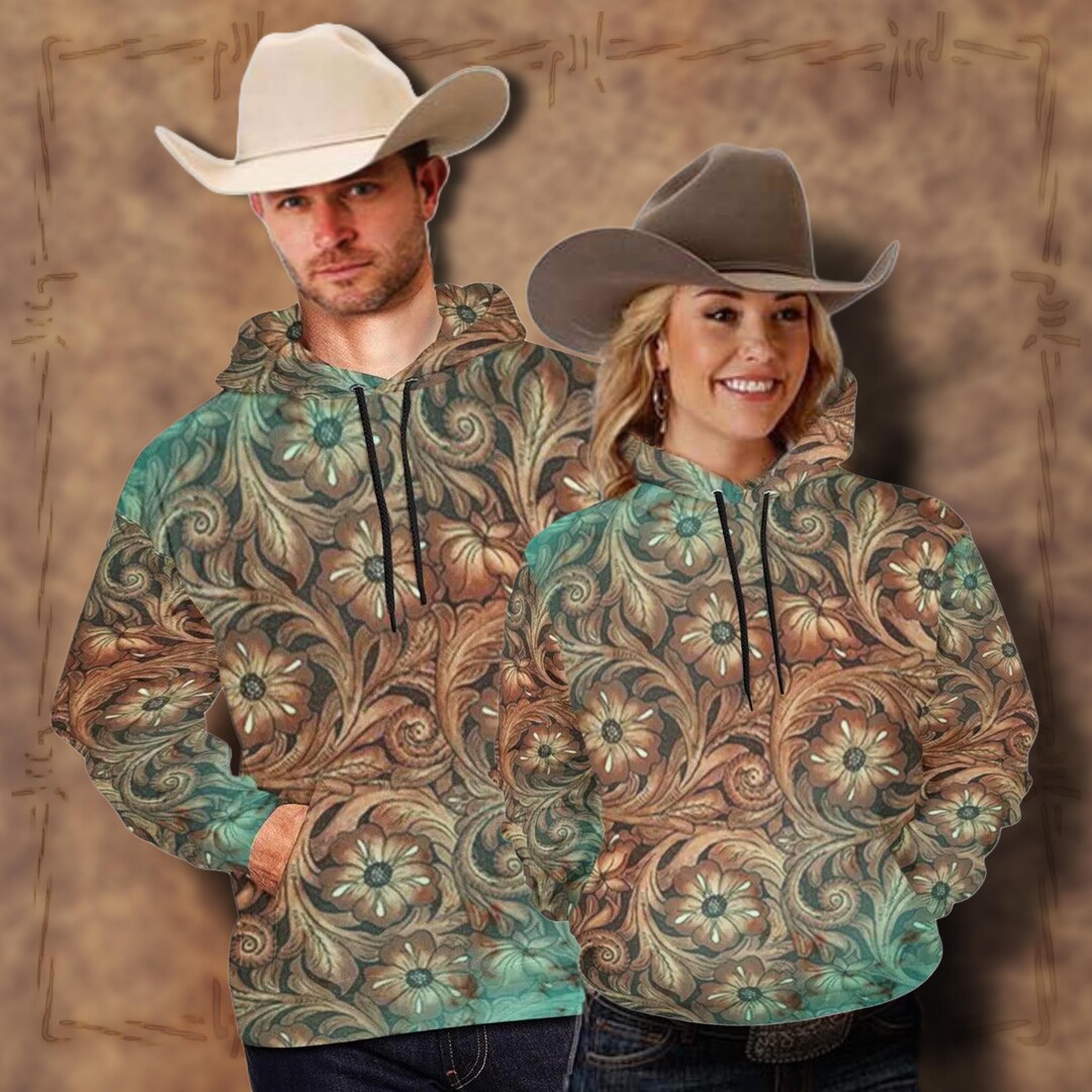 All Over Print Western Tooled Turquoise Leather Look Design Hoodie, His ...