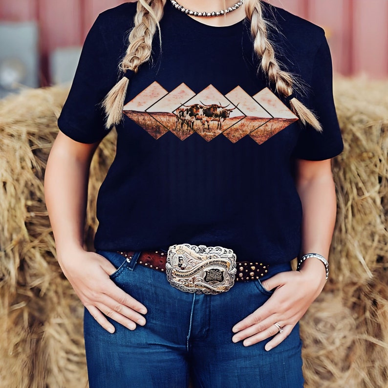 Personalized Western Tshirt with a trio of Longhorn cattle in a rustic ...