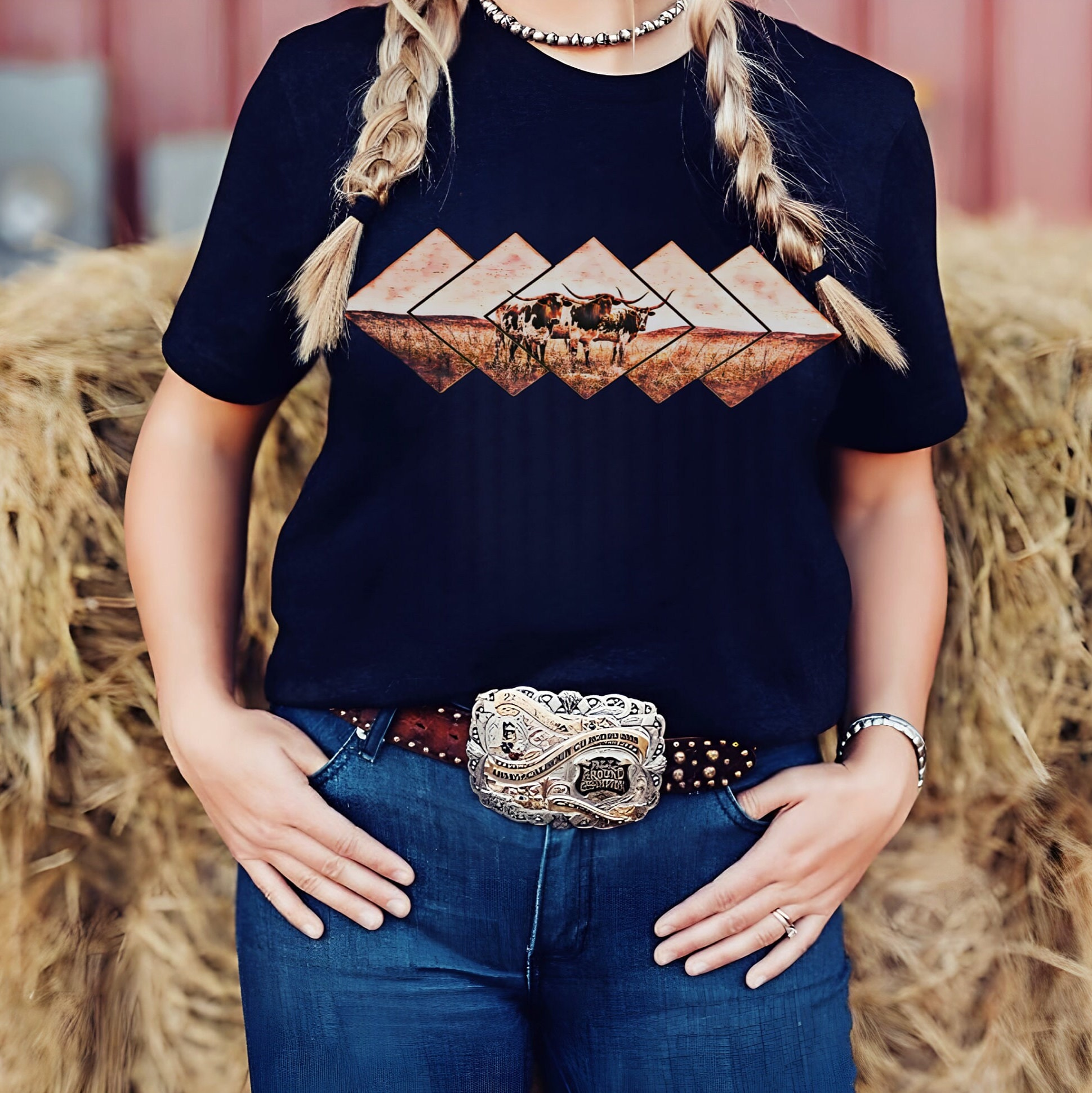 Personalized Western Tshirt with a trio of Longhorn cattle in a rustic ...