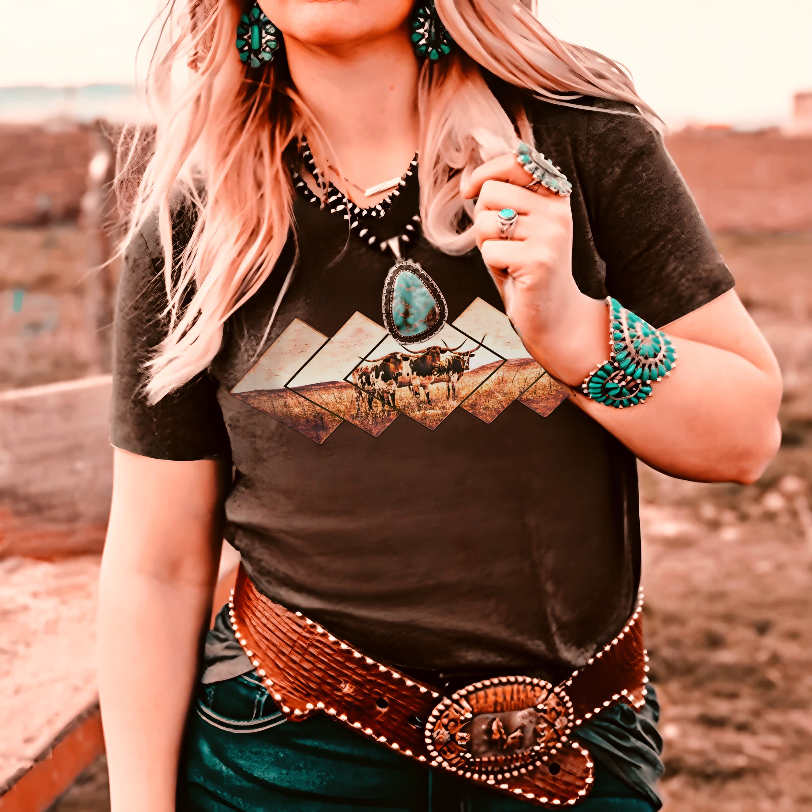 Personalized Western Tshirt with a trio of Longhorn cattle in a rustic ...