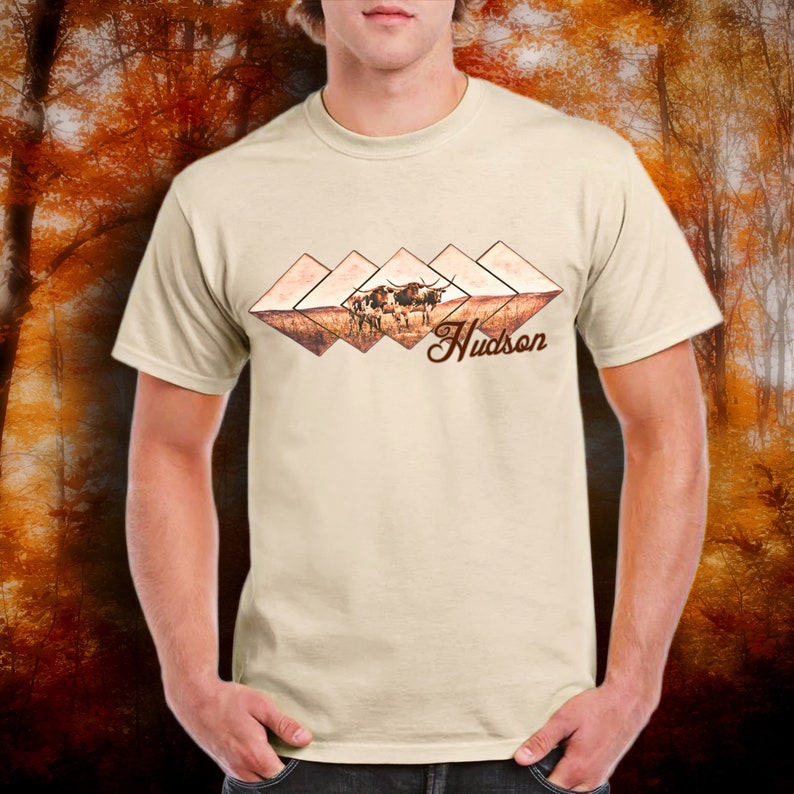 Personalized Western Tshirt with a trio of Longhorn cattle in a rustic ...