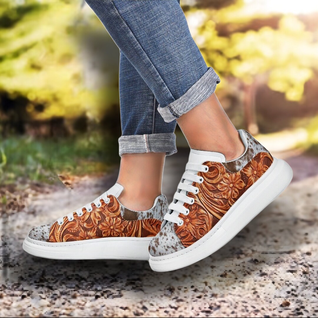 Speckled Cowhide & Carved Leather Design Fashion Sneakers Punchy ...