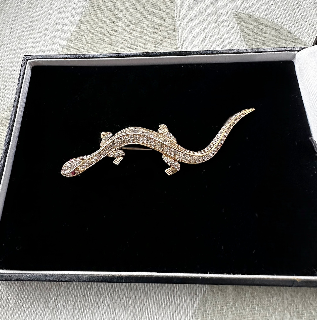 Gold Tone Lizard Brooch: Sparkly Paste, Red Paste Eyes - Etsy