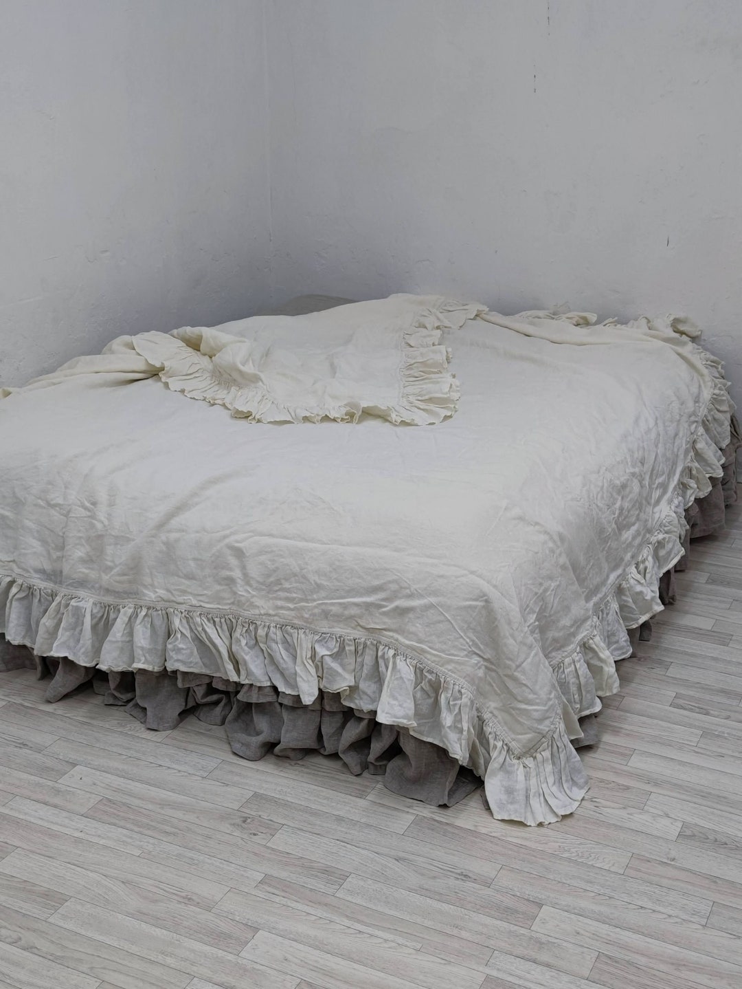 Linen Ruffled Sheet Flat Sheet Flax Cal King Queen Full Long Double ...