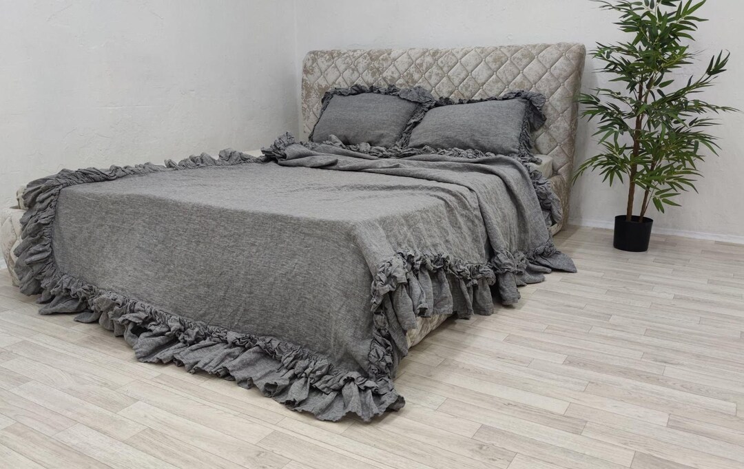 Linen Sheet With Double Ruffle. Ruffle Flat Sheet. Sheet With Ruffle. Ruffled Sheets. Double ...