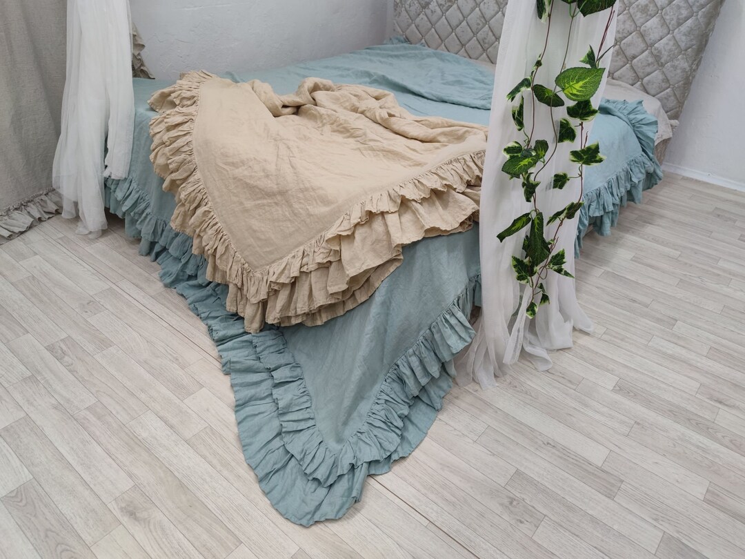 Handmade Linen Sheet With Double Ruffle, Ruffled Flat Sheets, Organic ...