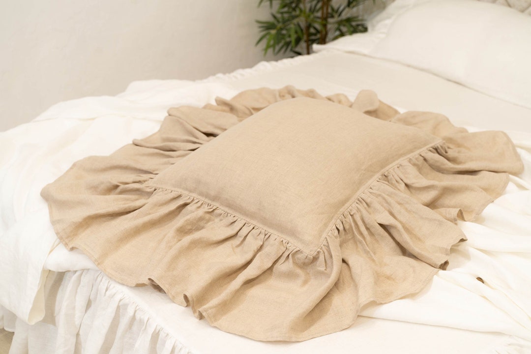 Linen Pillow Sham With Long Ruffle Around, Ruffled Pillowcase ...
