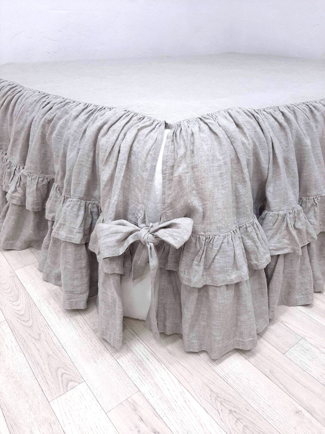 Double Ruffle Linen Bed Skirt Split Corners Ruffled Panel Dust Ruffle ...