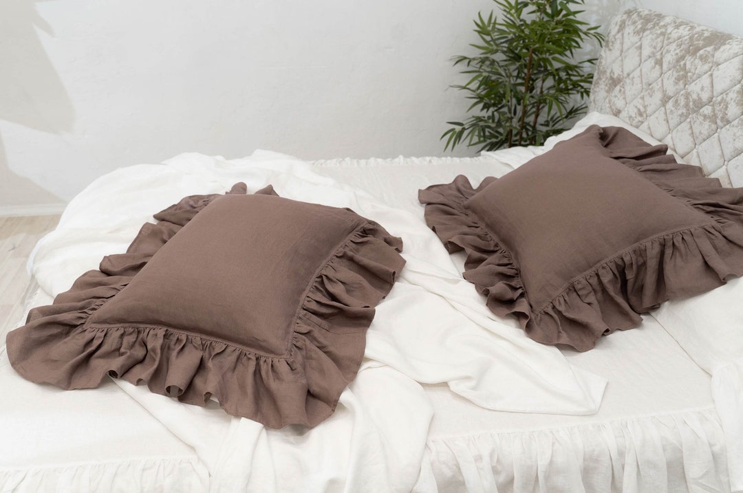 Linen Pillow Cover With Ruffle Detail and Buttons Closure Shabby Chic ...