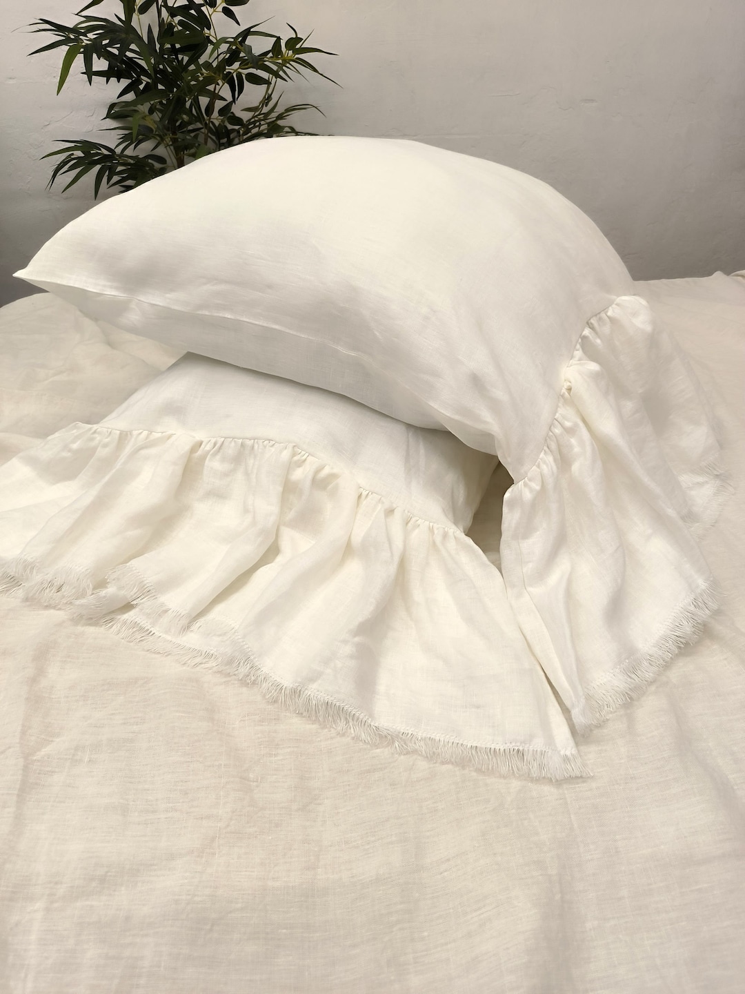 Linen Ruffled Pillowcase on One Side With Fringe Frill Pillow Sham Slip ...