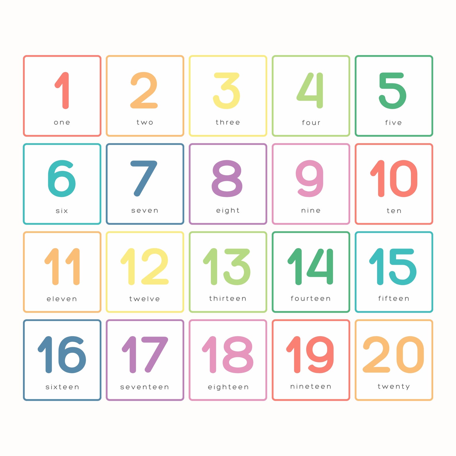 Printable Numbers 1-20 Flashcards: Neutral Colors, Preschool Learning ...