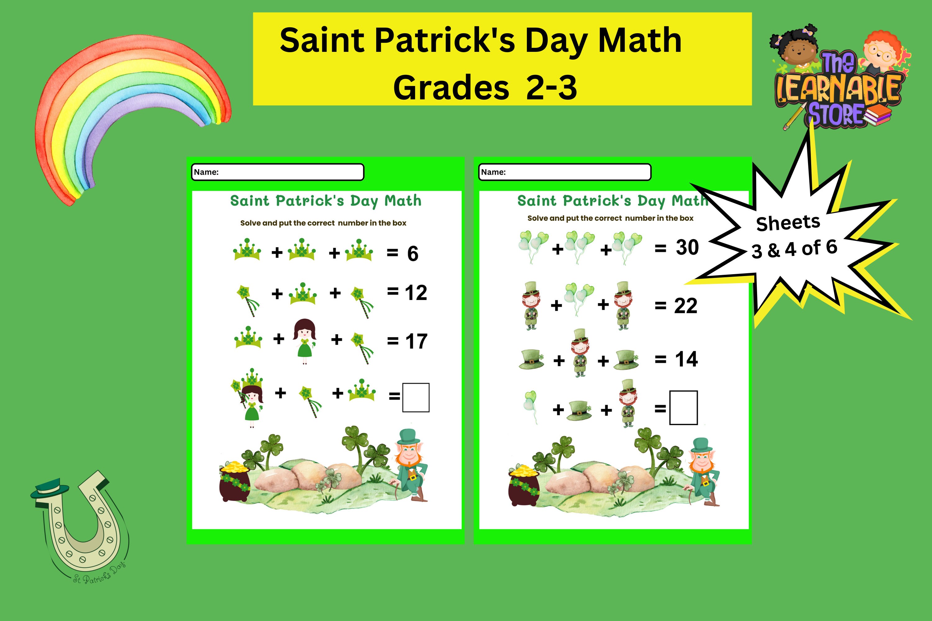 Saint Patrick’s Day Math Pages for Kids Ages 7-8 | Set of 6 Colorful St ...