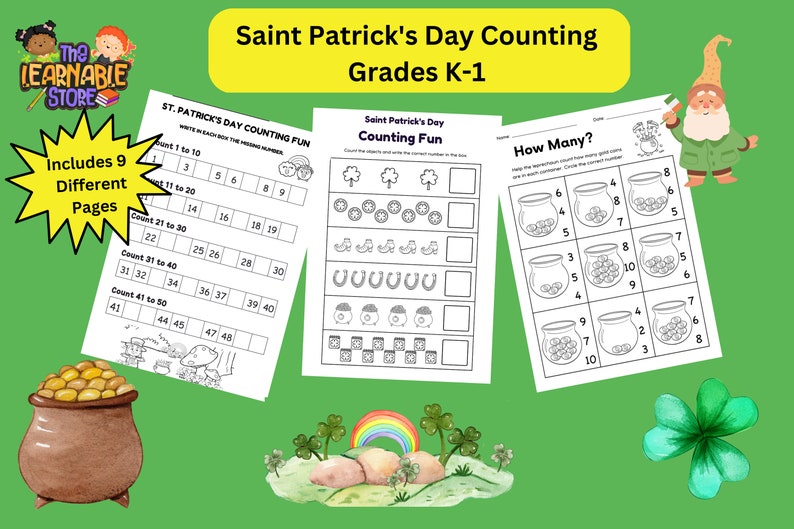 Saint Patrick’s Day Counting Pages for Kids | Set of 9 Fun St. Patrick ...