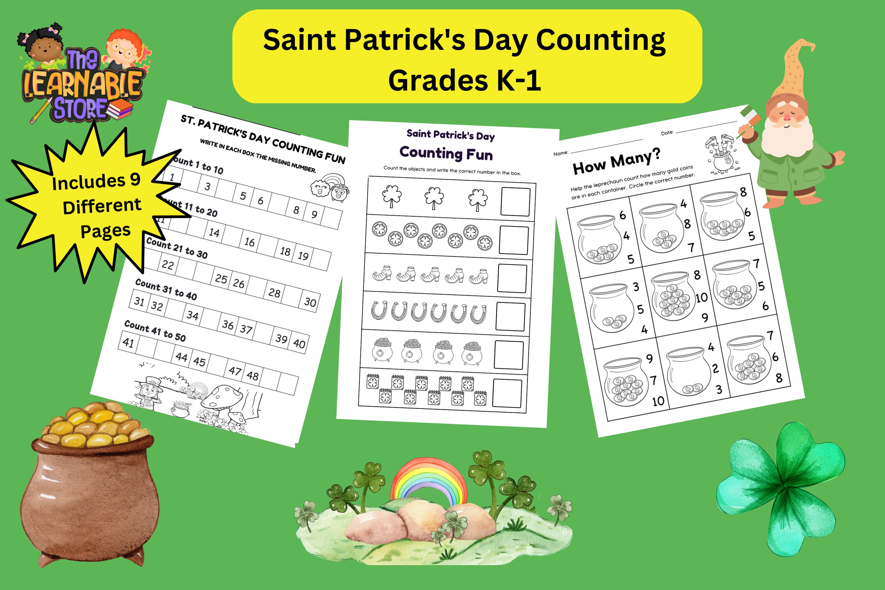 Saint Patricks Day Counting Pages for Kids Set of 9 Fun St. Patricks ...