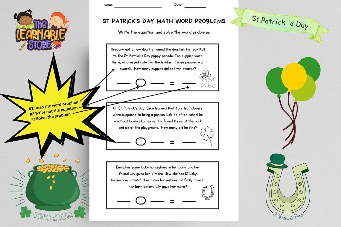 Saint Patricks Day Word Math Problems for Grades 1-3 Set Includes 15 ...