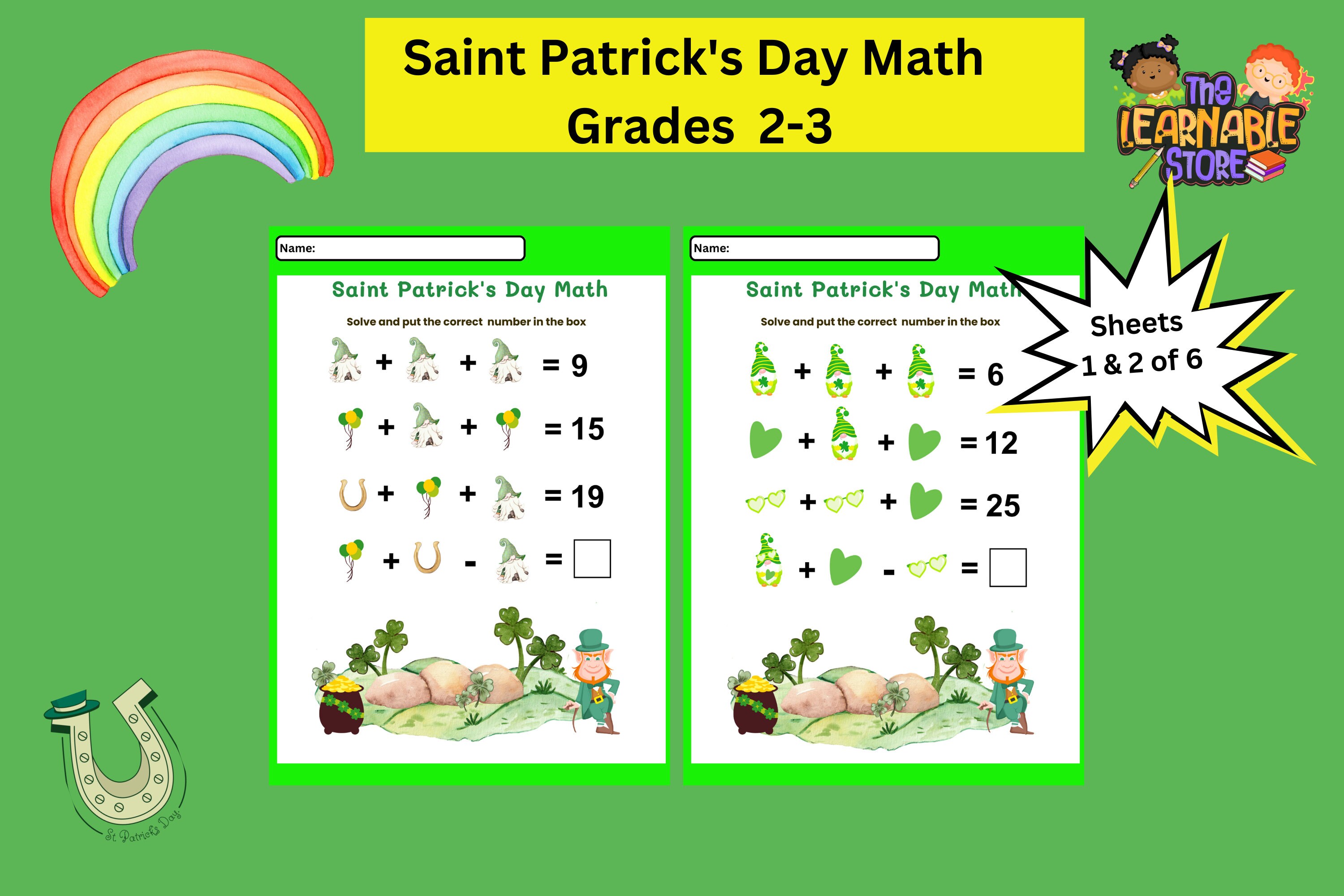 Saint Patrick’s Day Math Pages for Kids Ages 7-8 | Set of 6 Colorful St ...