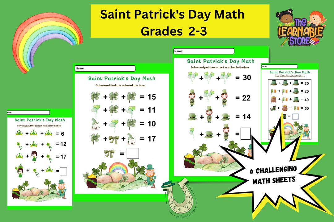 Saint Patrick’s Day Math Pages for Kids Ages 7-8 | Set of 6 Colorful St ...