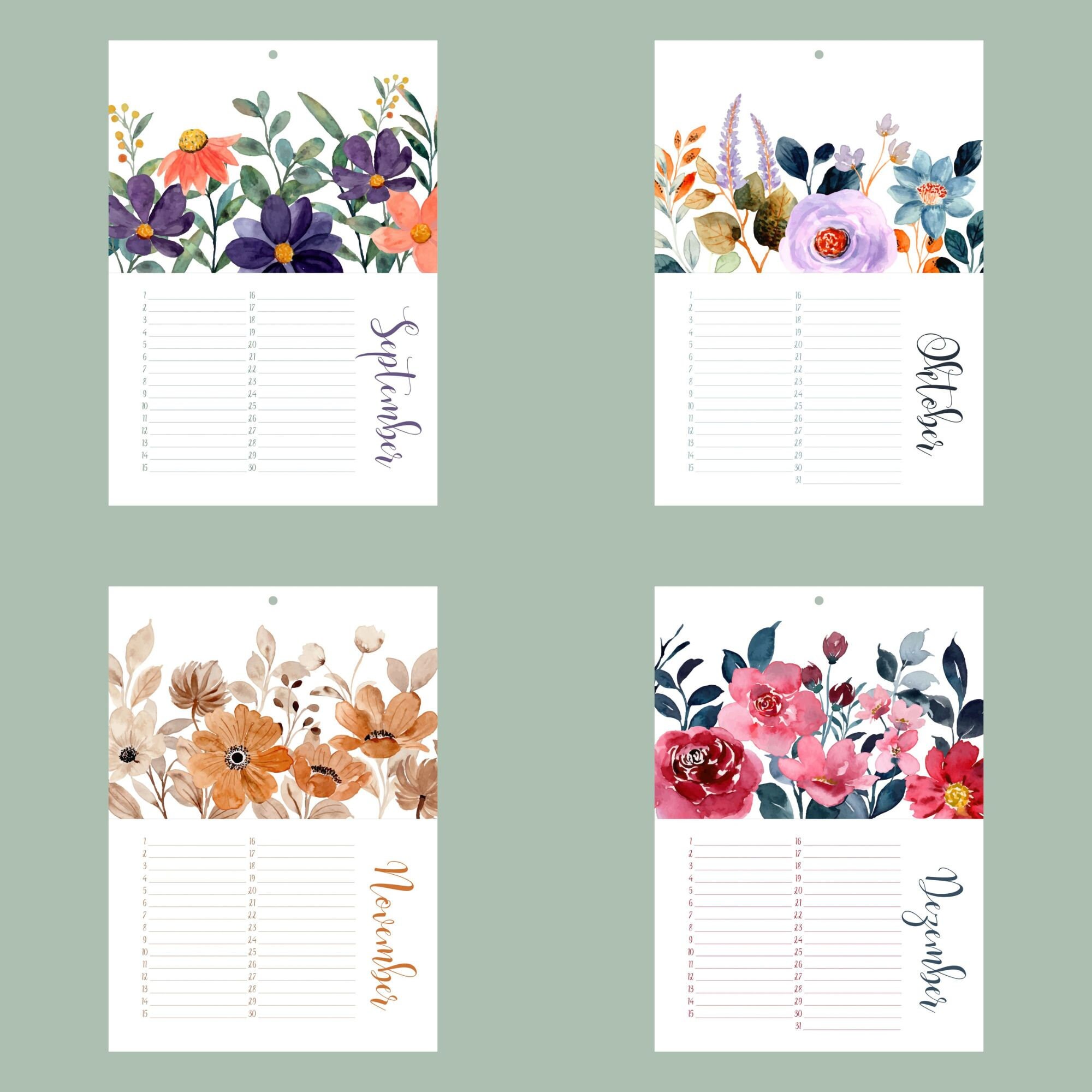Floral Birthday Calendar Perpetual Calendar Watercolor Flowers A4 or A5 ...
