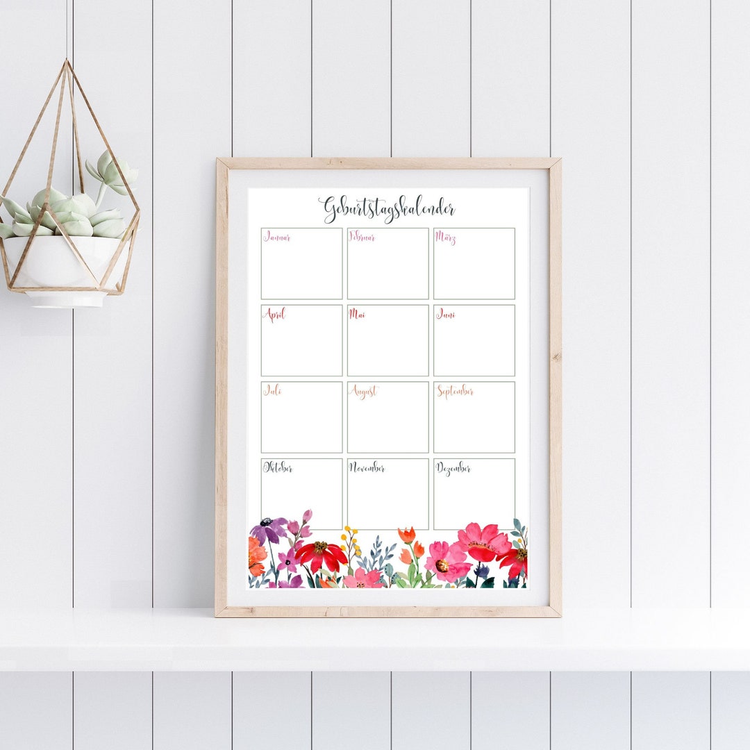 Birthday Calendar as a Poster Perpetual Calendar Flowers Floral ...