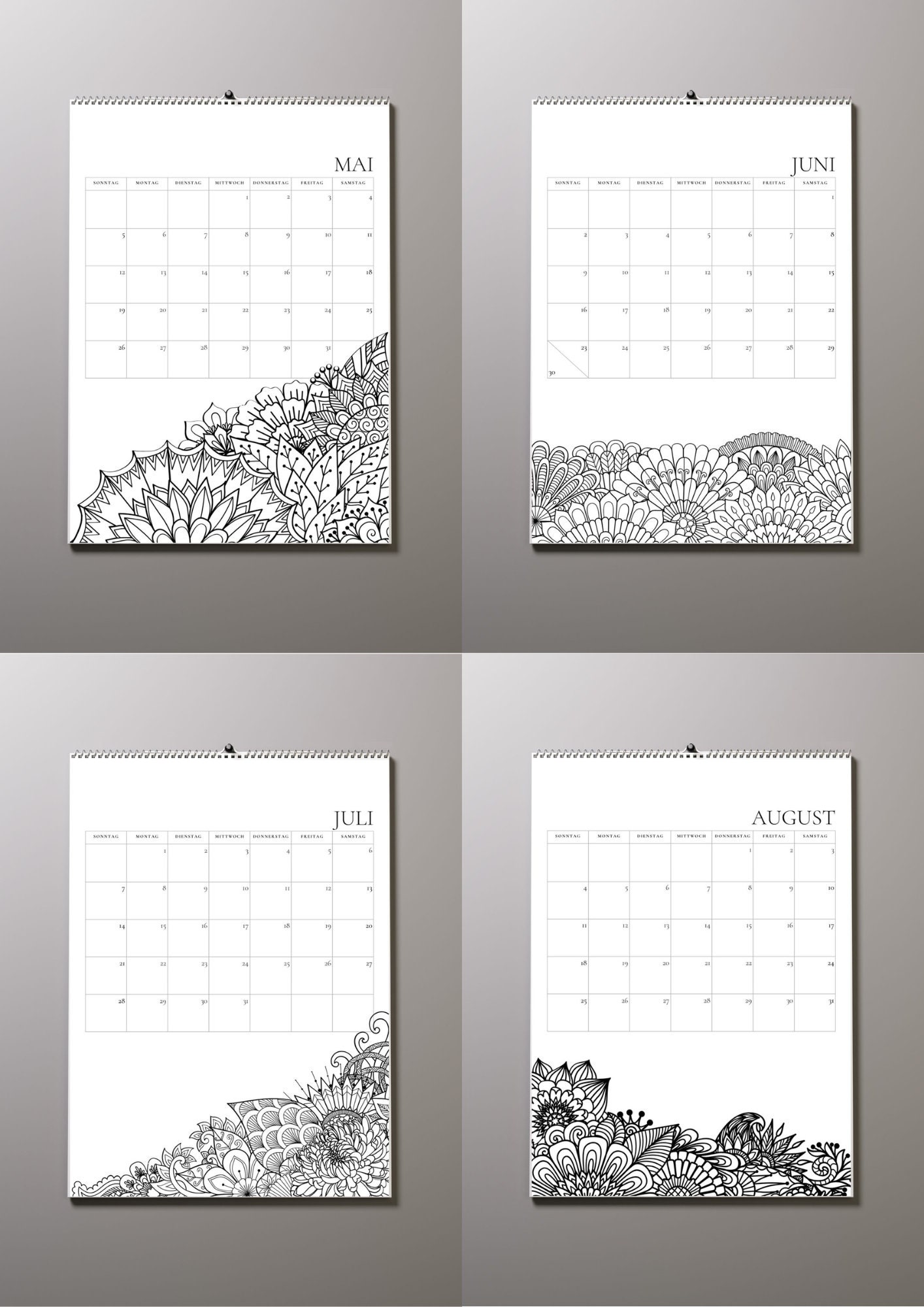 Mandala Calendar 2024 to Color in Coloring Calendar Flowers Floral A4 ...