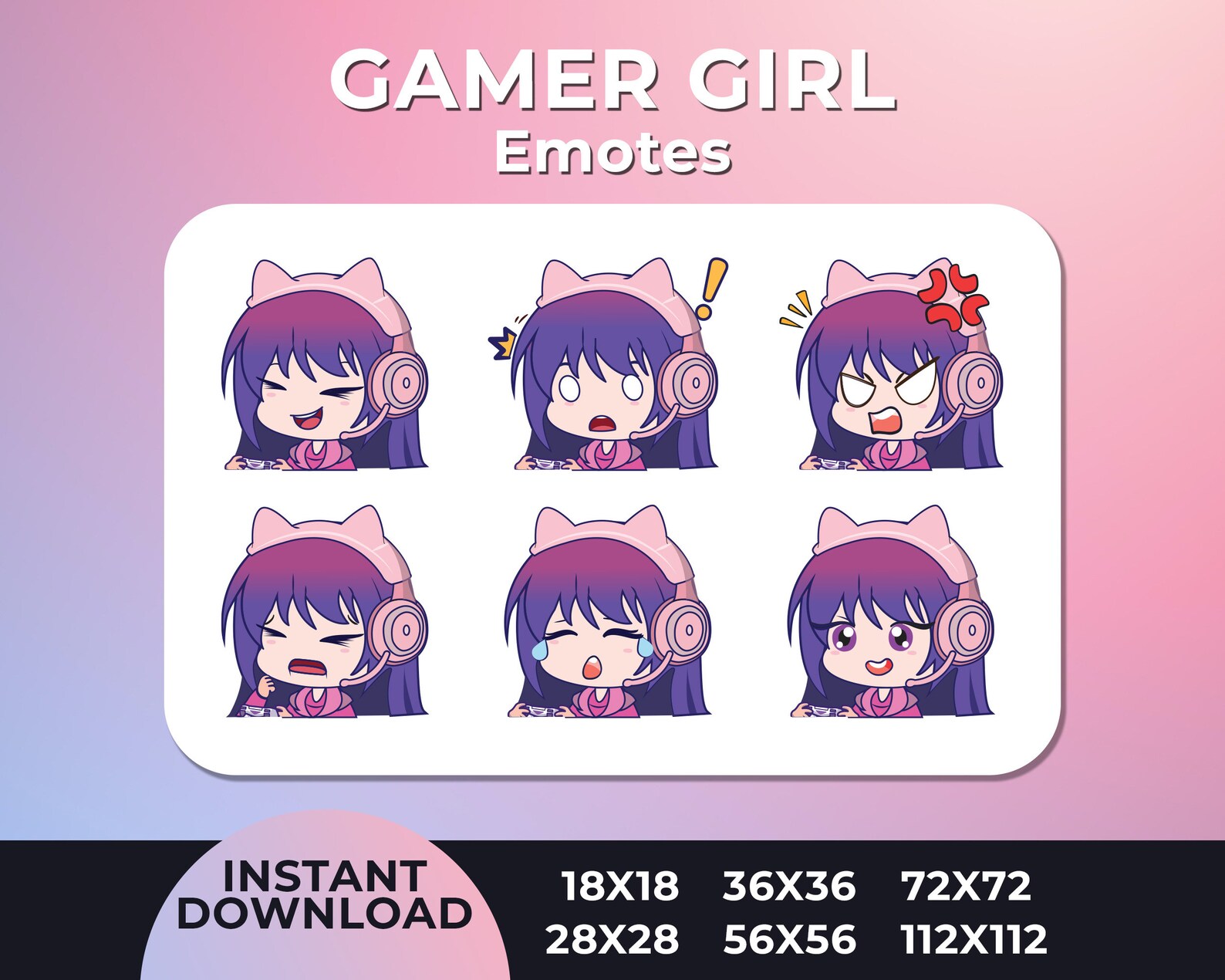 Cute Chibi Gamer Girl Twitch Emotes | Sub Emotes | Cute Emotes ...