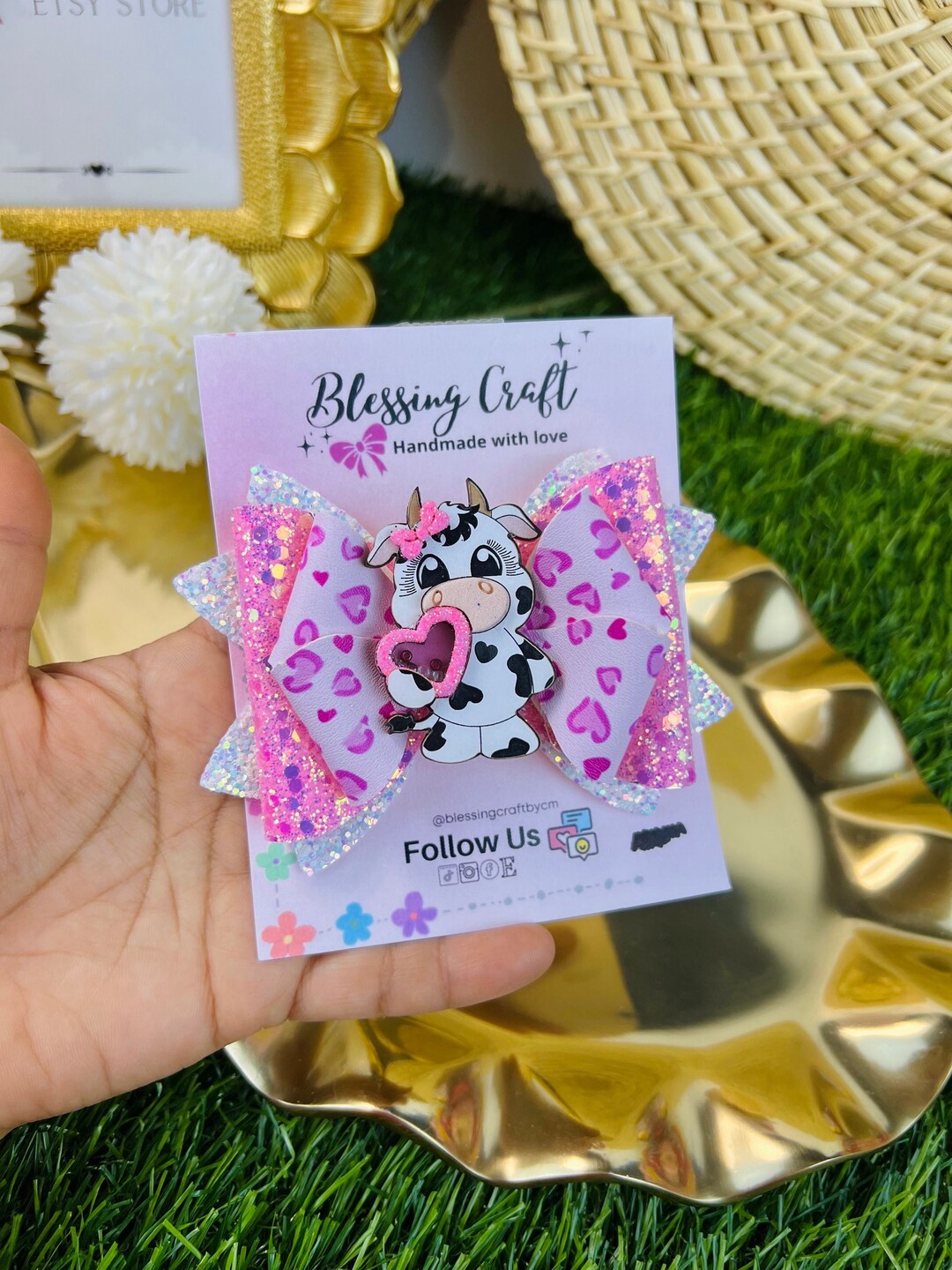 Cute Cow Pink Hair Bow, Cute Cow Hair Clips for Girls, 4 Inches Hair ...