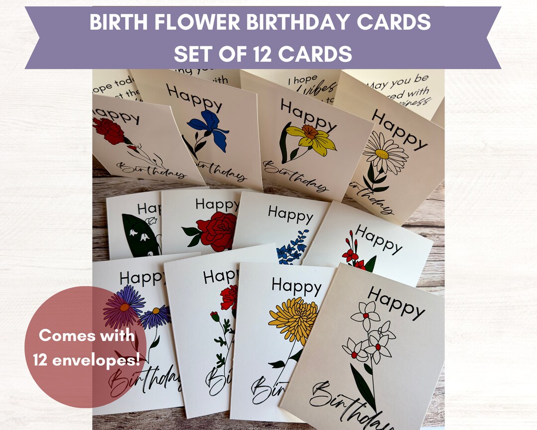 Birth Flower Birthday Card Set of 12 Comes With Envelopes 4.25 X 5.5 Ea ...