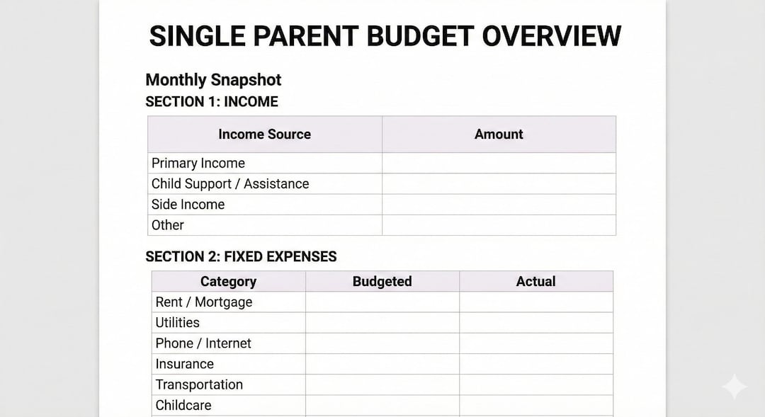 Single Parent Budget Overview Printable | Simple Monthly Budget Tracker ...