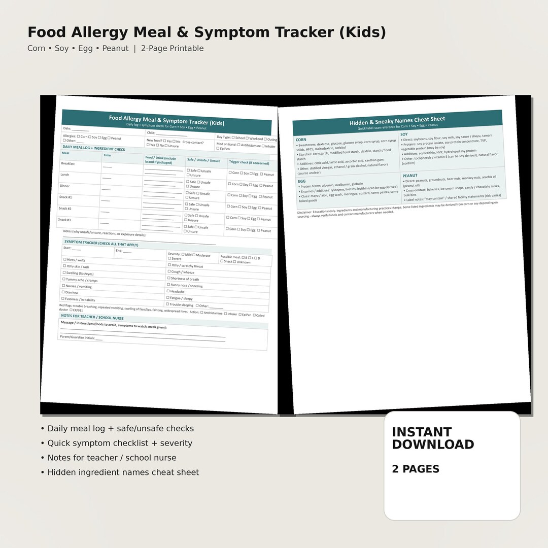 Food Allergy Tracker for Kids: Corn Soy Egg Peanut + Sneaky Names Cheat ...