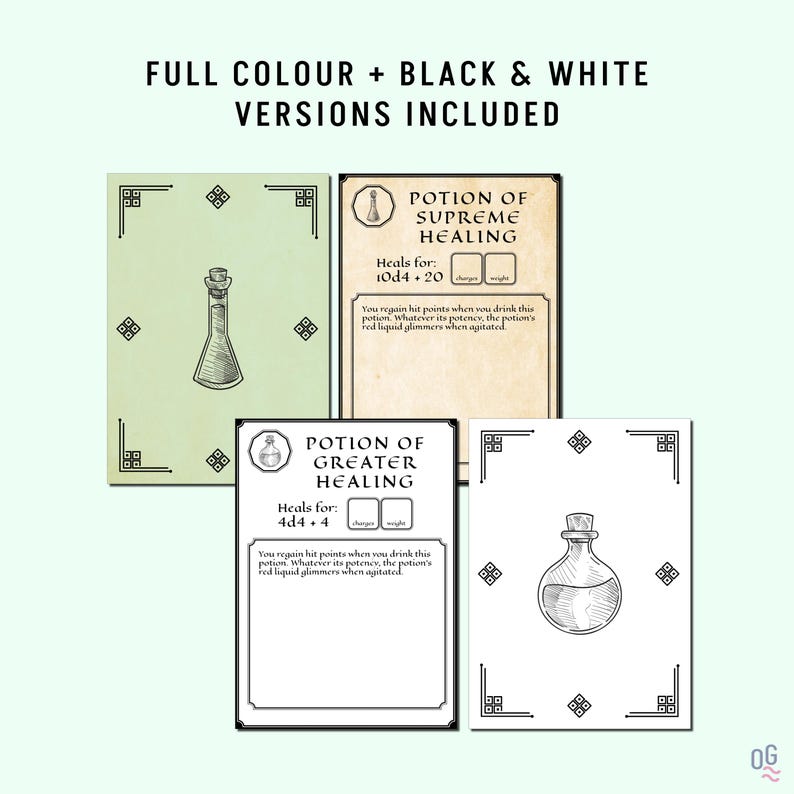 D&D Healing Potion Cards, Printable Item Cards, Item Card Bundle ...