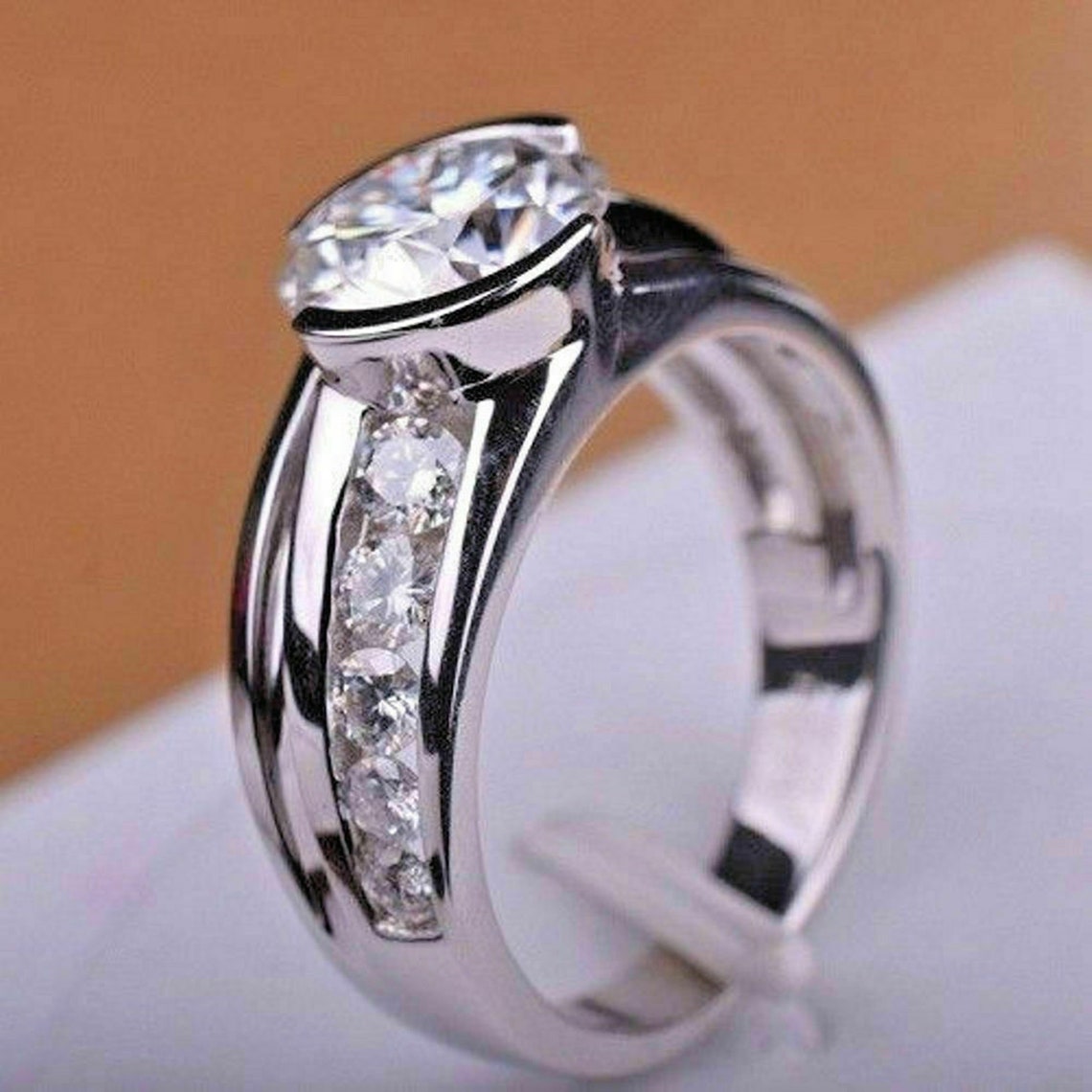Men's Half Bezel Set Ring, Round Cut Moissanite Diamond Wedding Ring ...