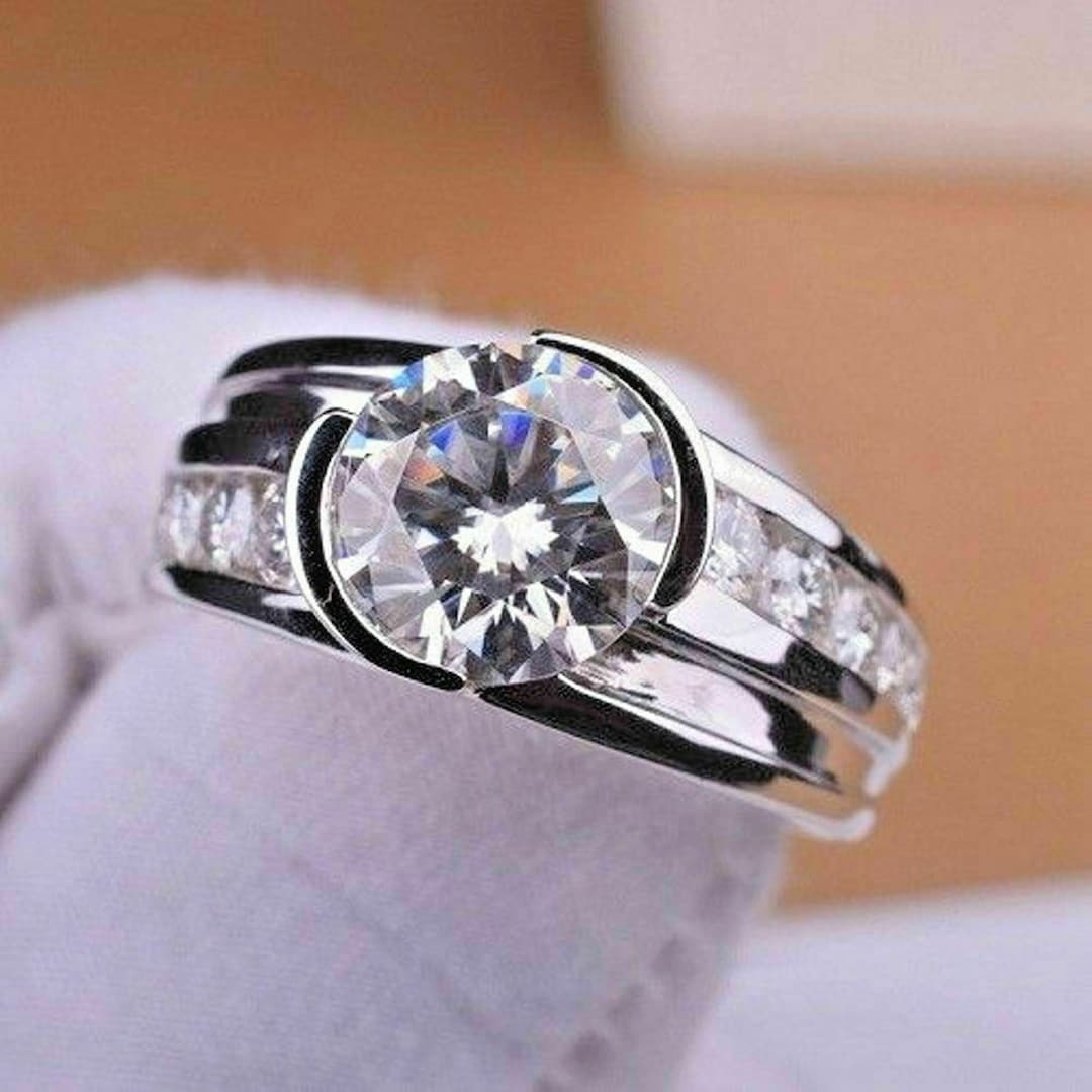 Men's Half Bezel Set Ring, Round Cut Moissanite Diamond Wedding Ring ...