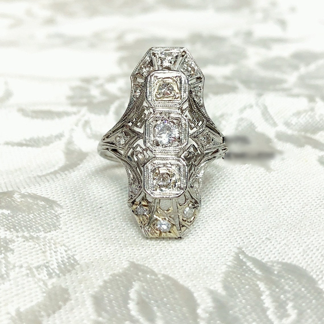 Filigree Vintage Dinner Ring, Art Deco Three Stone Ring, Round ...