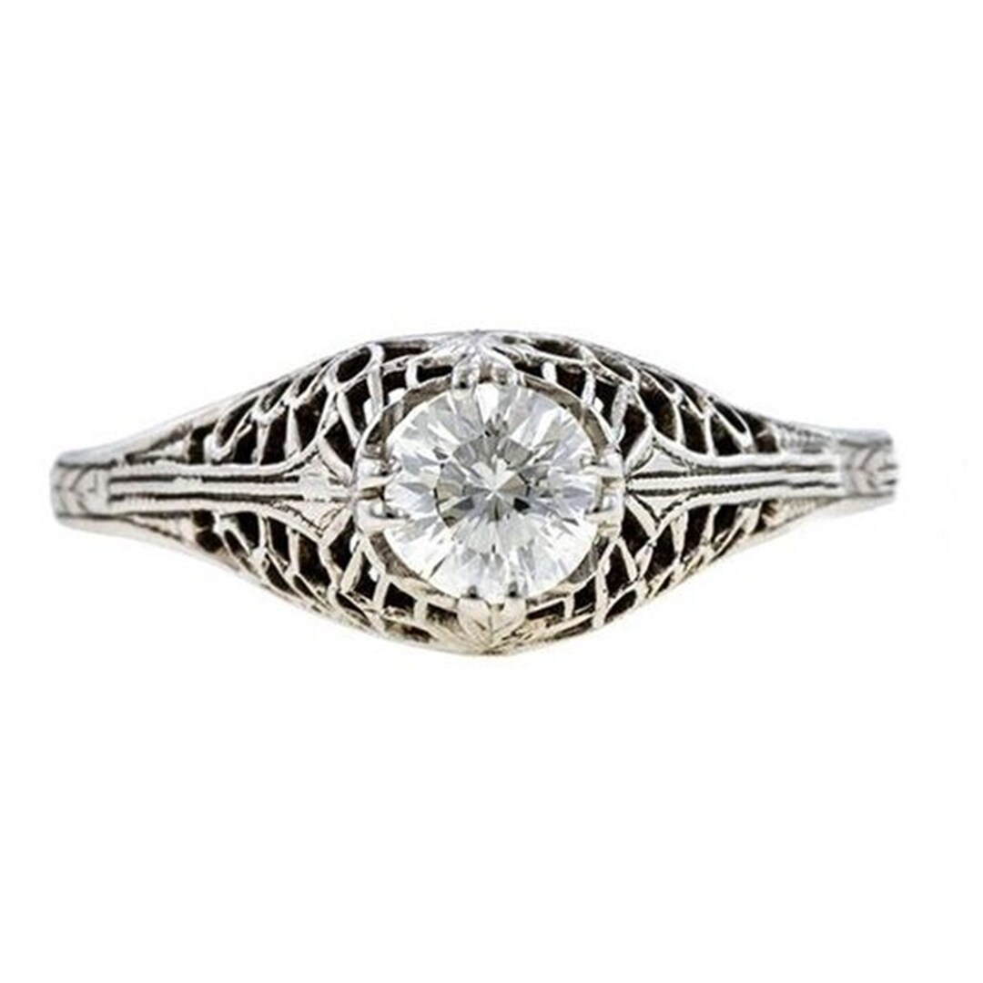 Filigree Vintage Solitaire Wedding Ring, Round Cut Moissanite Diamond ...