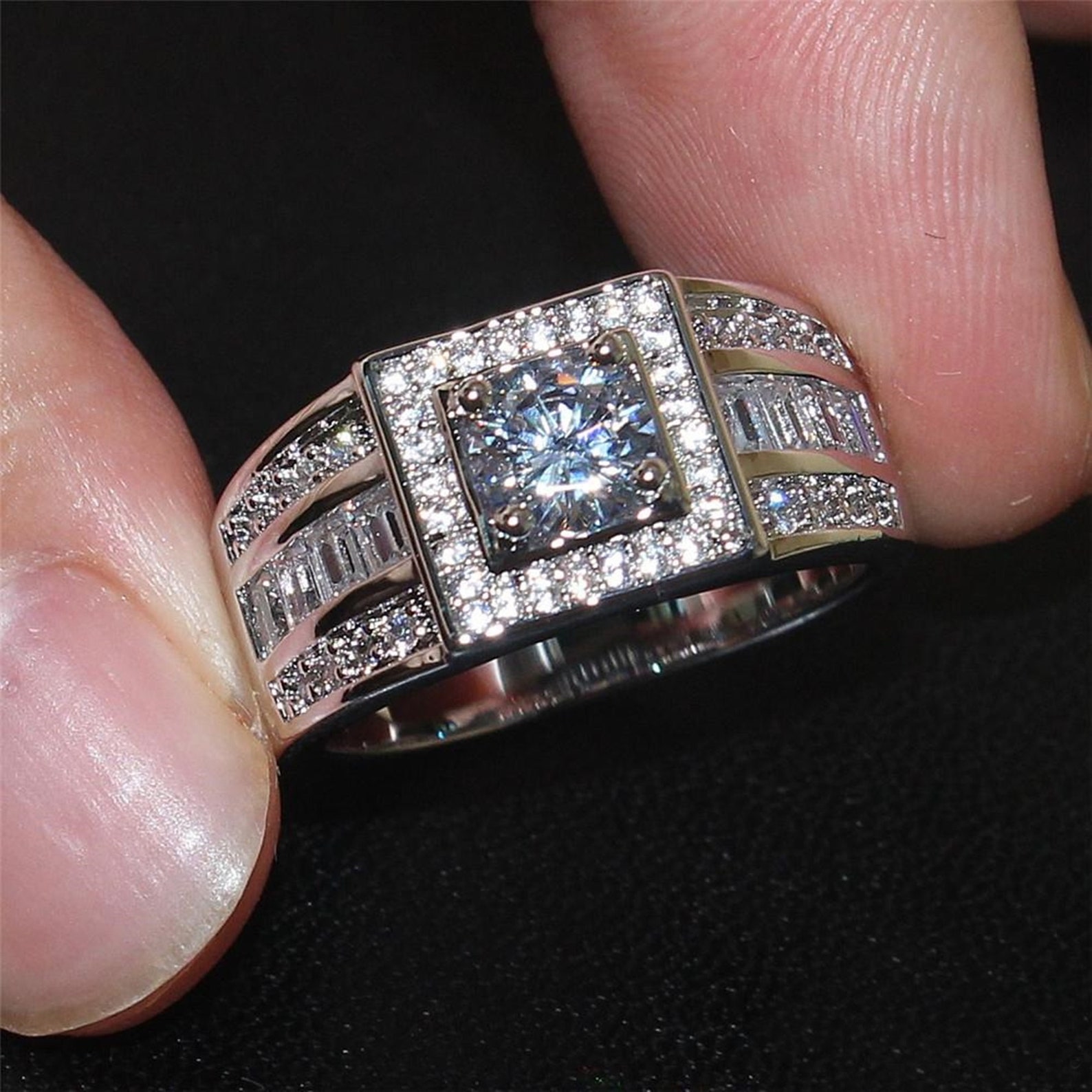 Men's Engagement Ring, Round With Baguette Cut CZ Stone Ring, Square ...