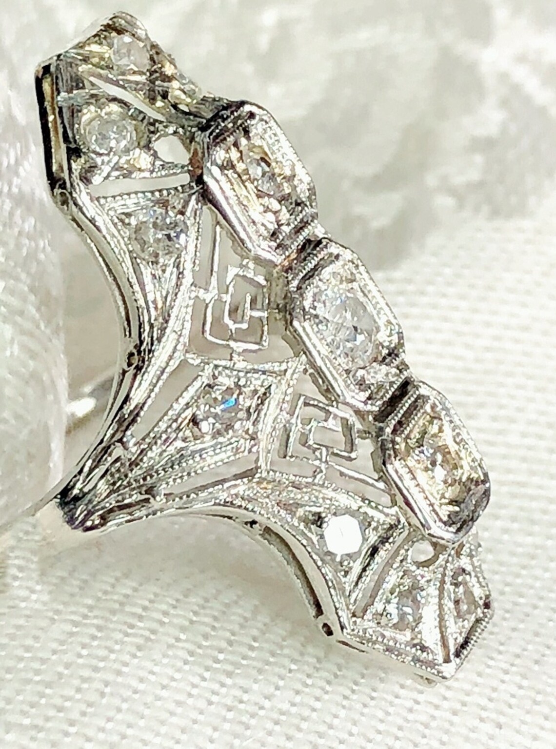 Filigree Vintage Dinner Ring, Art Deco Three Stone Ring, Round ...