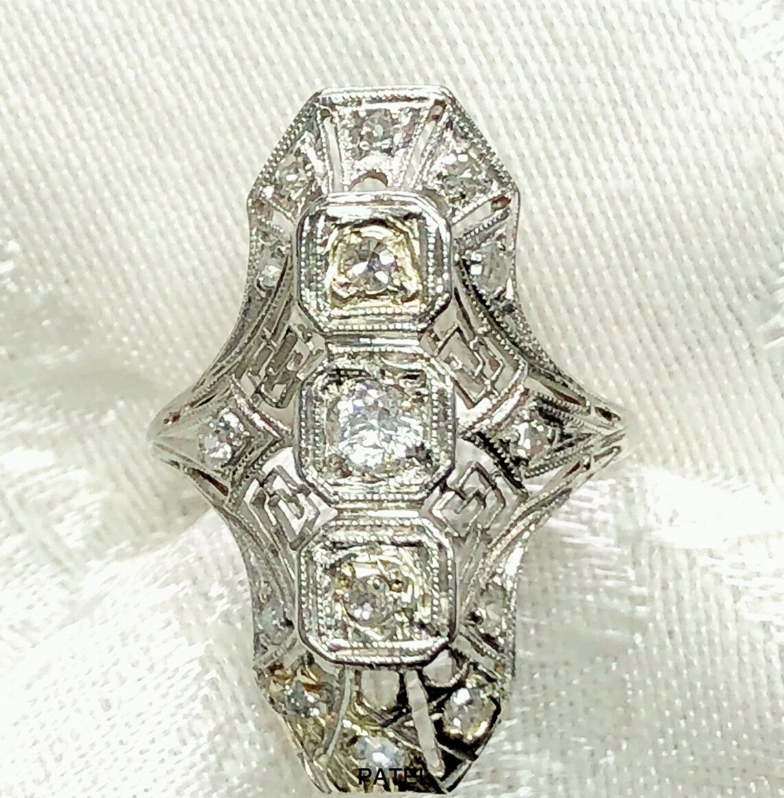 Filigree Vintage Dinner Ring, Art Deco Three Stone Ring, Round ...