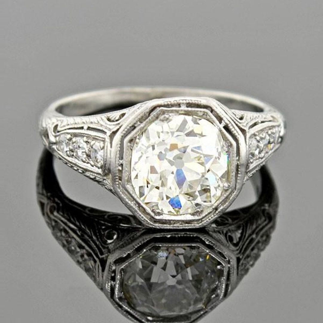 Old European Cut Moissanite Diamond Octagon Shape Ring, Antique Engrave ...
