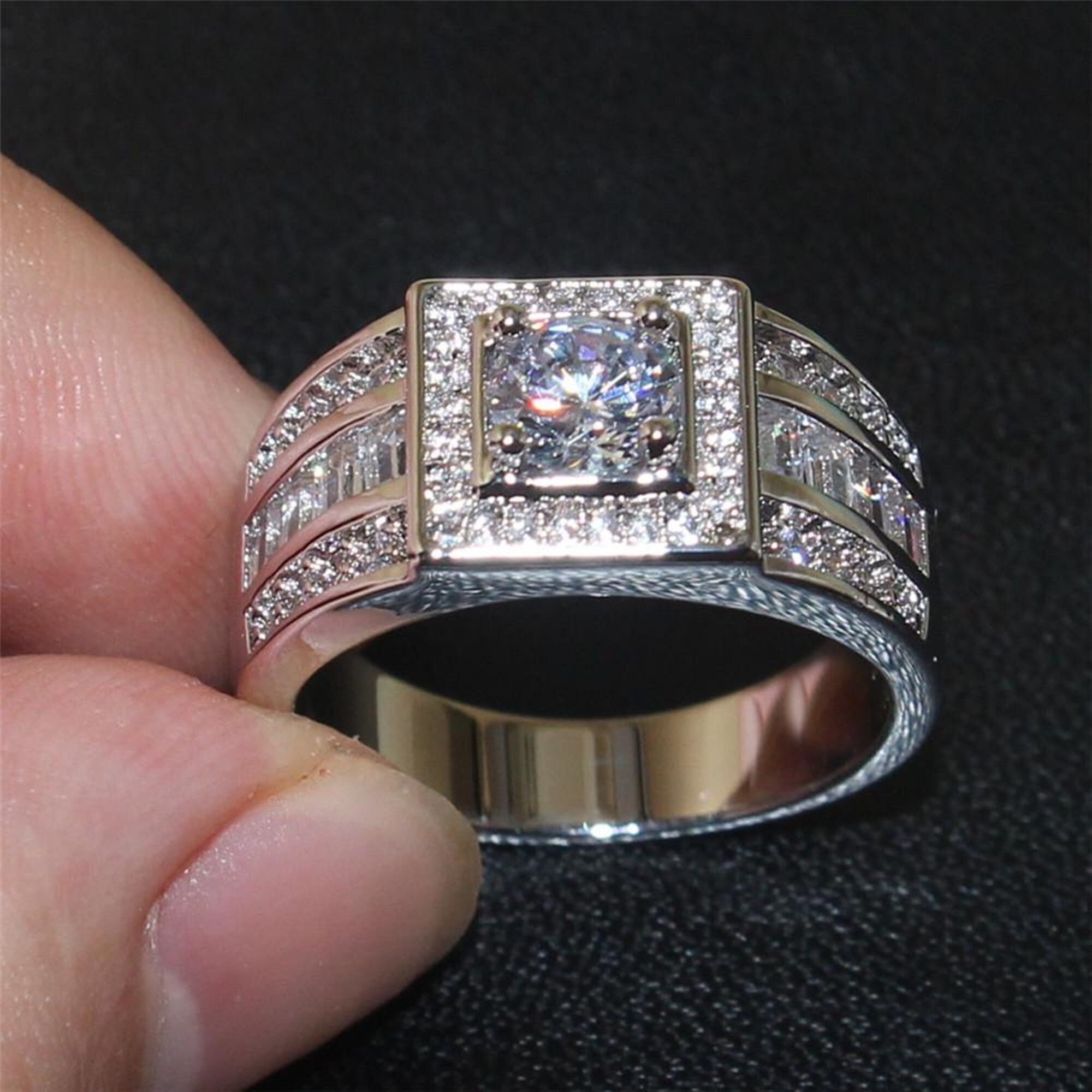 Men's Engagement Ring, Round With Baguette Cut CZ Stone Ring, Square ...
