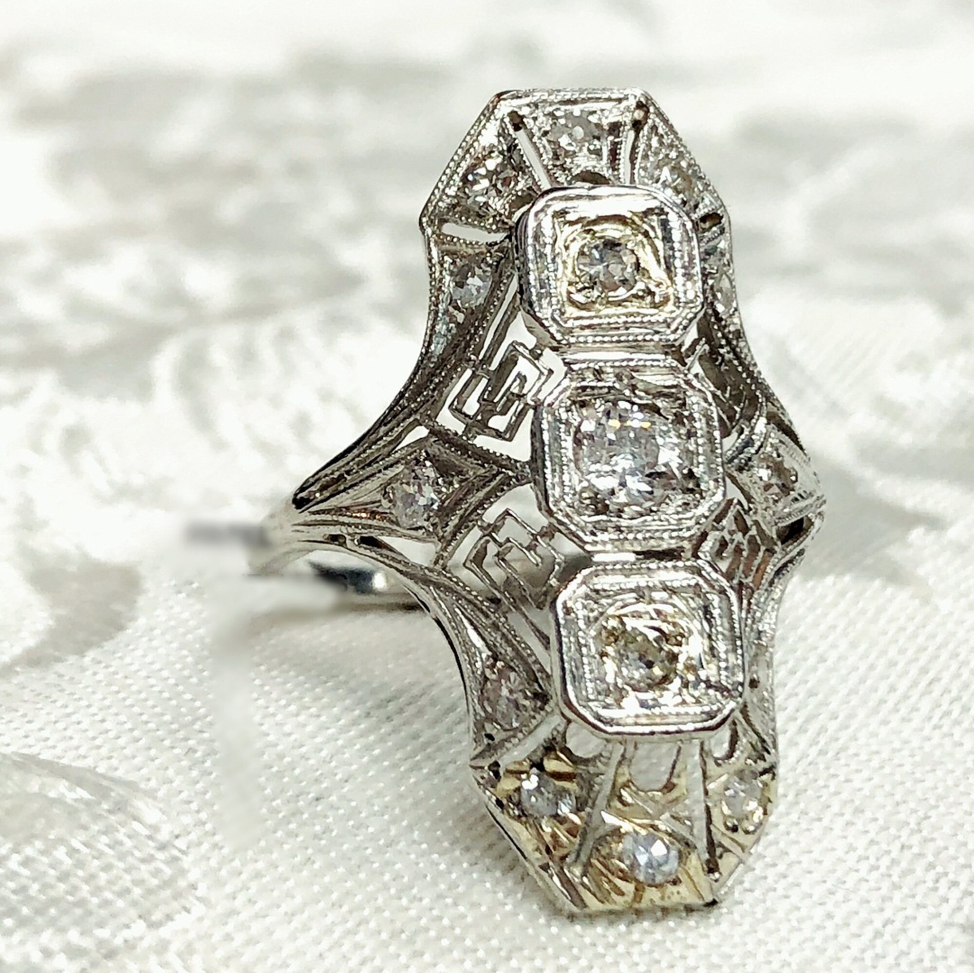 Filigree Vintage Dinner Ring, Art Deco Three Stone Ring, Round ...
