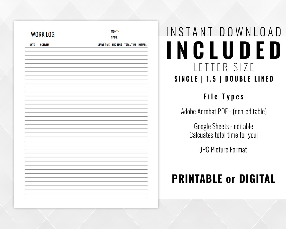 Work Log | Printable Template | Editable Google Sheets Template ...
